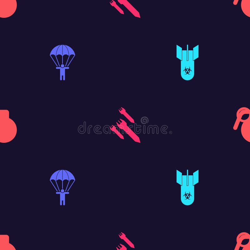 Set Biohazard Bomb, Parachute, Rocket and Hand Grenade on Seamless ...