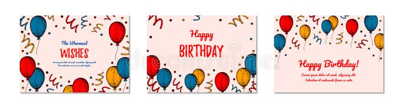 Set of Birthday Horizontal Greeting Cards. Design with Hand Drawn ...