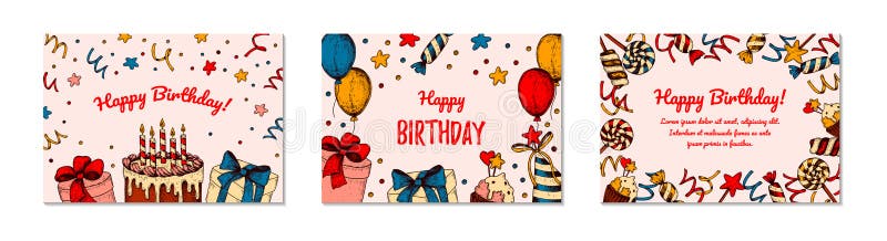 Set of Birthday Horizontal Greeting Cards. Design with Hand Drawn ...