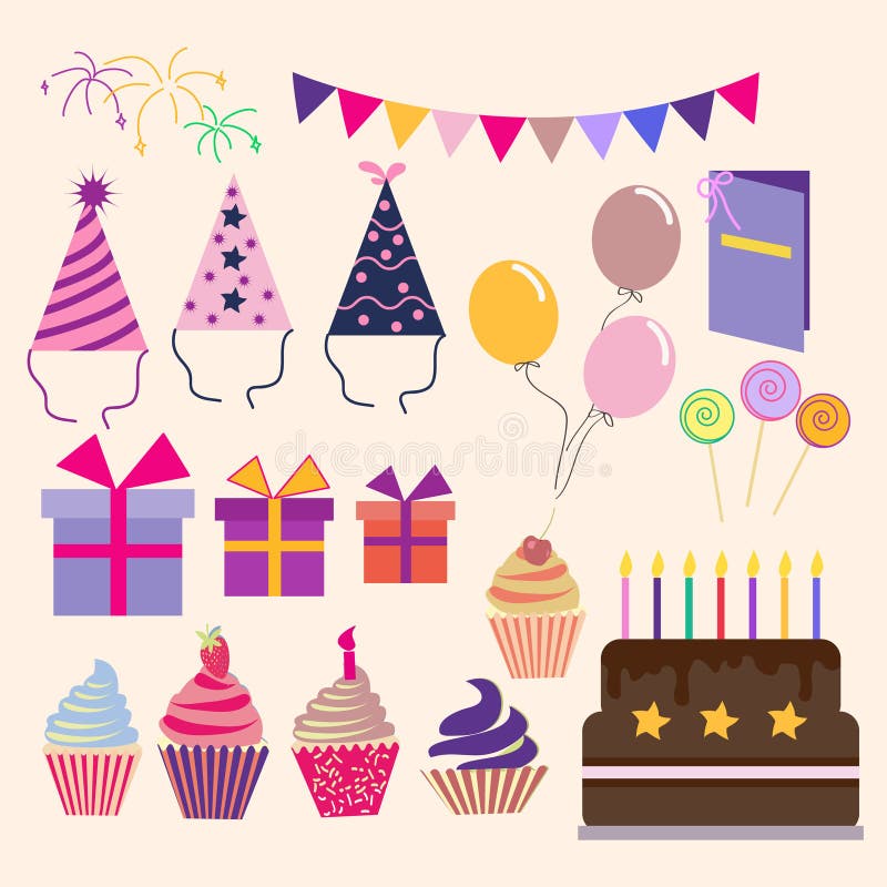 Set of Birthday Party Elements Stock Vector - Illustration of digitally ...