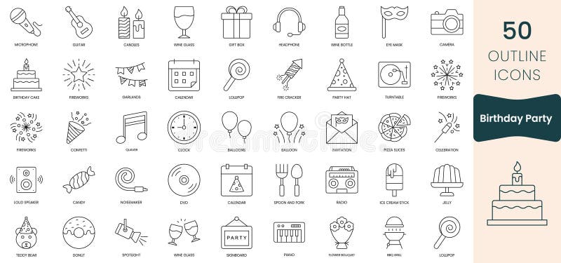 Set of Birthday Party Icons. Thin Outline Icons Pack Stock Vector ...