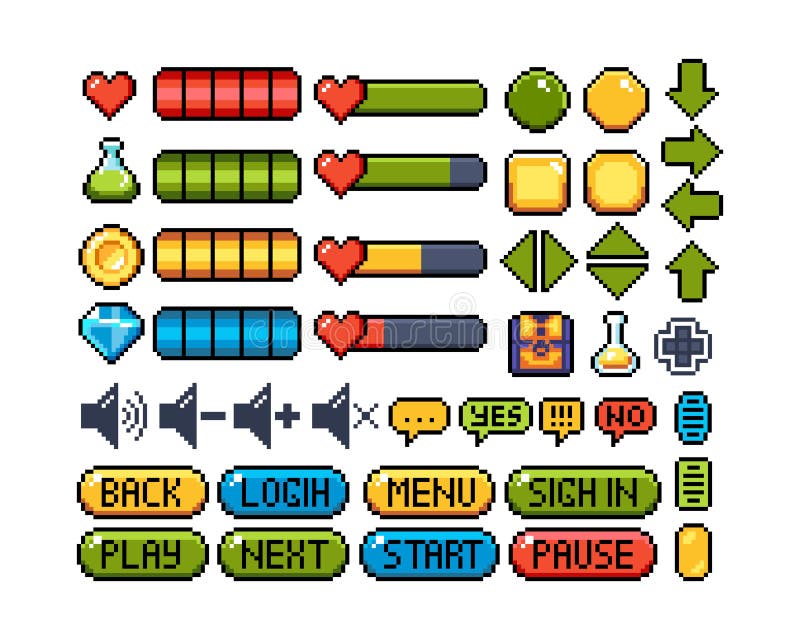 8-bit Pixel Graphics Icon Set. Swords Bombs and Shields. Game Assets Stock Illustration ...