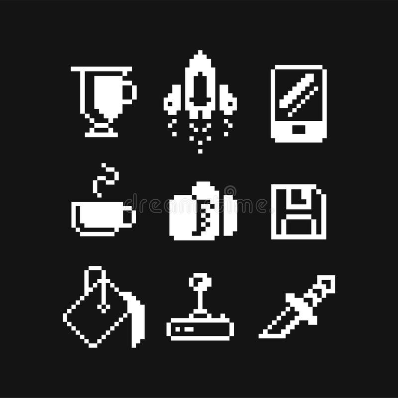 Set of 8-bit Pixel Icons. Isolated Vector Illustration. Black and White ...