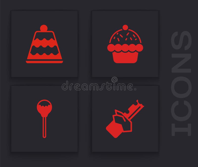 Set Bitten Chocolate Bar, Cake, Cupcake and Lollipop Icon. Vector Stock ...