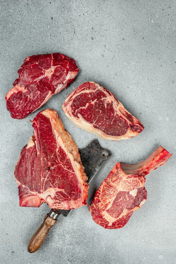 Set Black Angus Prime Beef Steak Variety on Dark Background. Steak ...