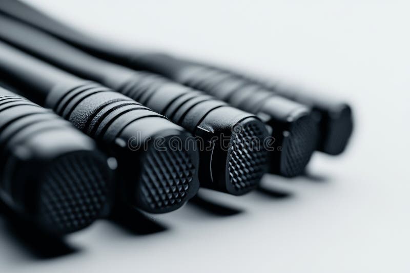 Set of Black Cables with Rounded Connectors on a Gray Background ...