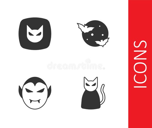 Set Black Cat, Vampire and Moon and Stars Icon. Vector Stock Vector ...
