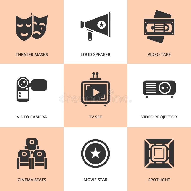 Set of Black Cinema Movie Icons. Stock Vector - Illustration of ...
