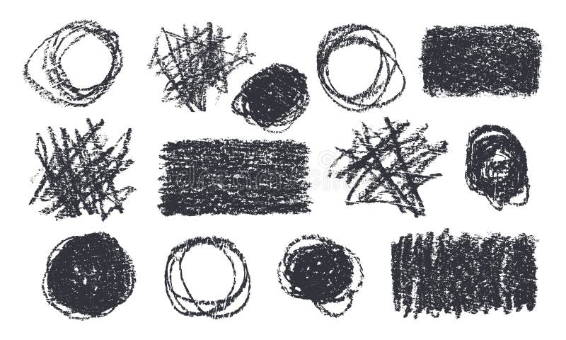 Set of Black Circles, Squares, Rectangles Shapes in Crayon Texture on a White Background. Grunge ...