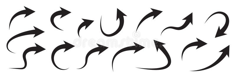 Curved Arrows. Set of Vector Hand Drawn Arrows. Collection of Pointers ...