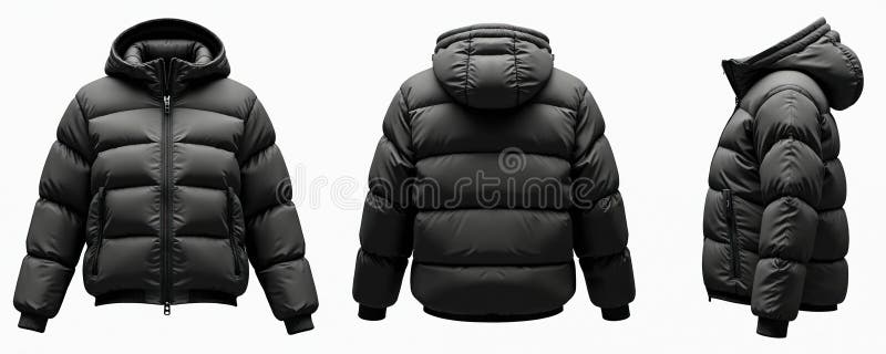 Set of Black Down Puffer Jacket Front, Back, Side Views Isolated on ...