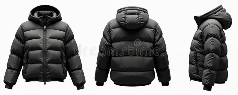 Set of Black Down Puffer Jacket Front, Back, Side Views Isolated on ...