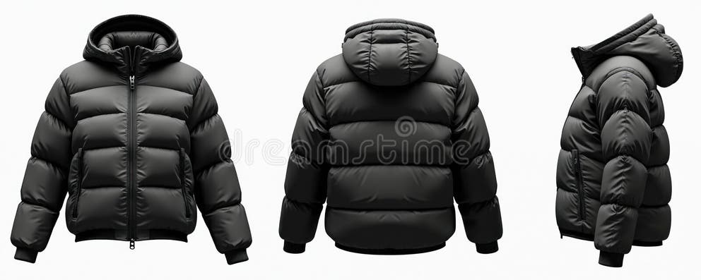Set of Black Down Puffer Jacket Front, Back, Side Views Isolated on ...