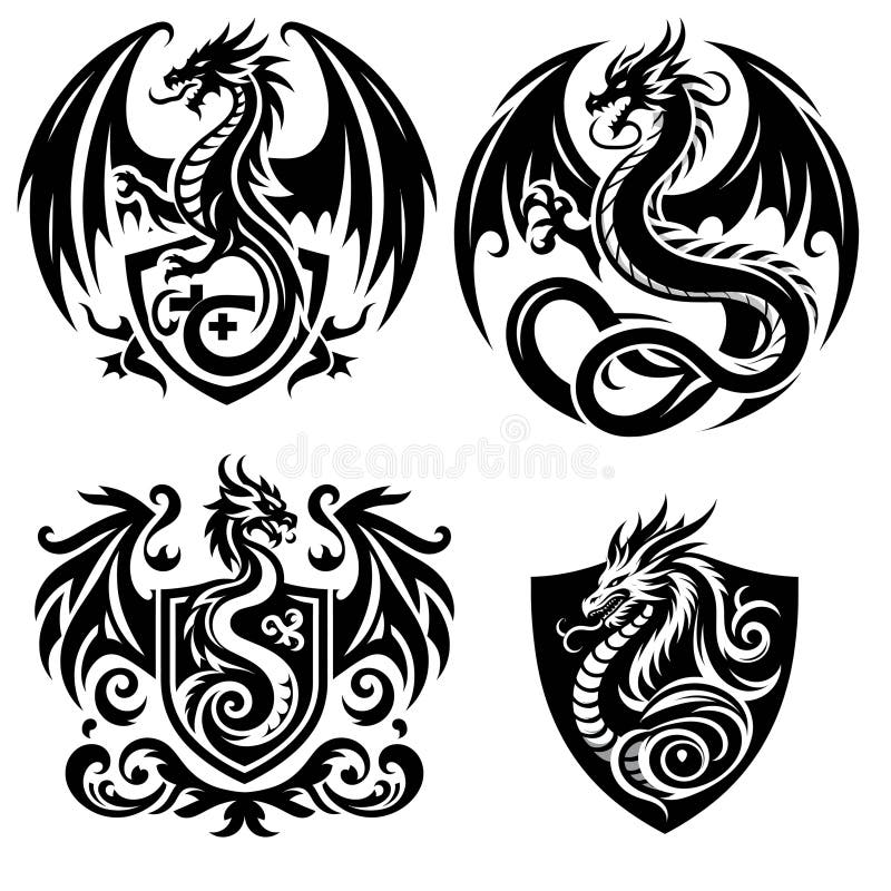 Set of Black Dragon Emblems, Vector Illustration, Black and White ...