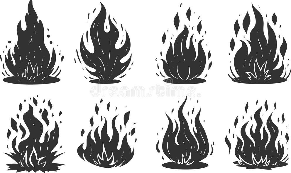 Set of Black Flame Vector Illustrations on White Background. Stock ...