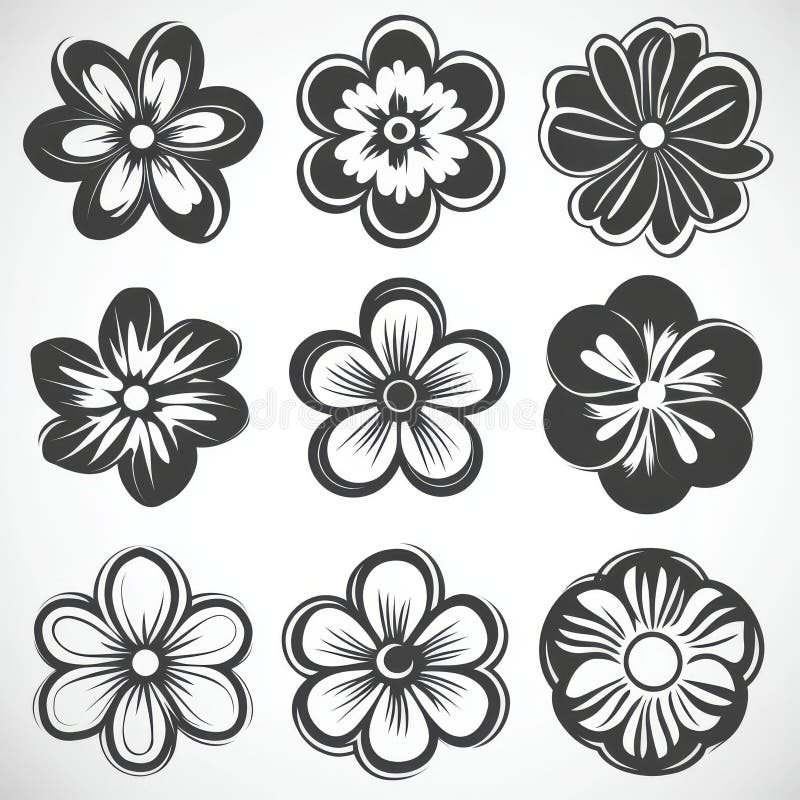 A Set of Black Floral Icons, Each Illustrating a Distinct Flower, is ...