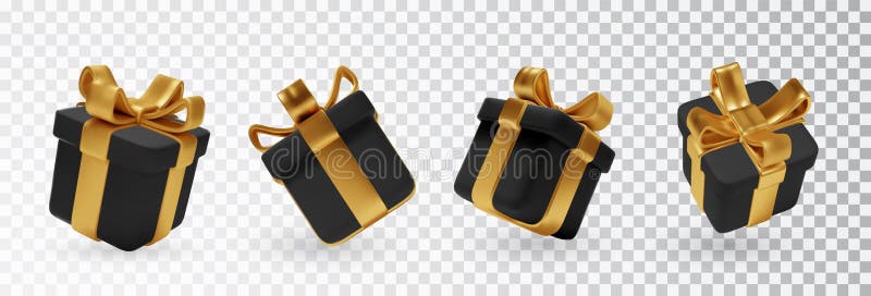 Set of Black Gift Boxes with Golden Bows Isolated. 3d Render Holiday ...