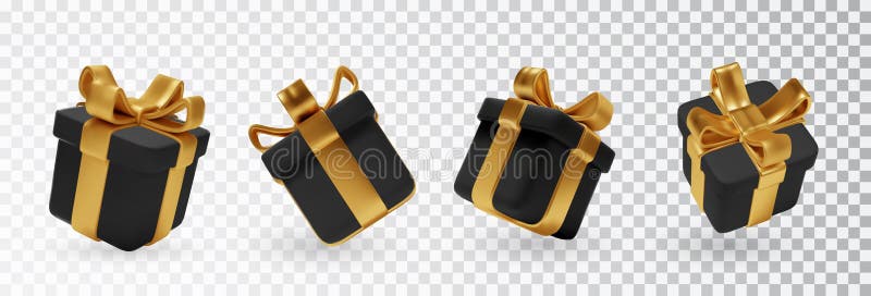 Set of Black Gift Boxes with Golden Bows Isolated. 3d Render Holiday ...