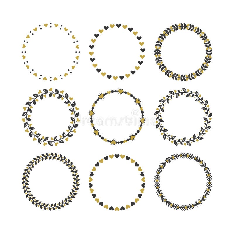 Set of Black and Golden Circle Emblems with Heart Decorative Border ...