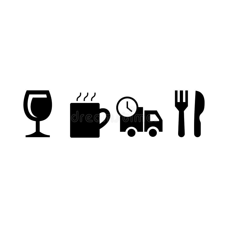 Set Black Icons Delivery, Cup, Fork and Spoon. Vector Illustration Eps ...