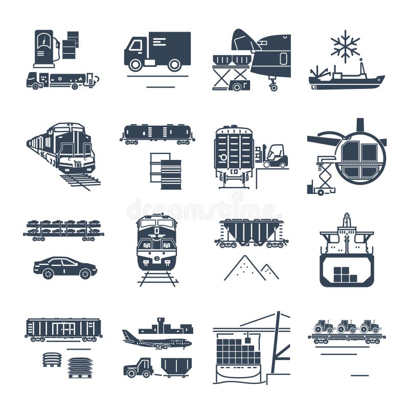 Set of Black Icons Freight Transport Process, Ship, Train, Air Stock ...
