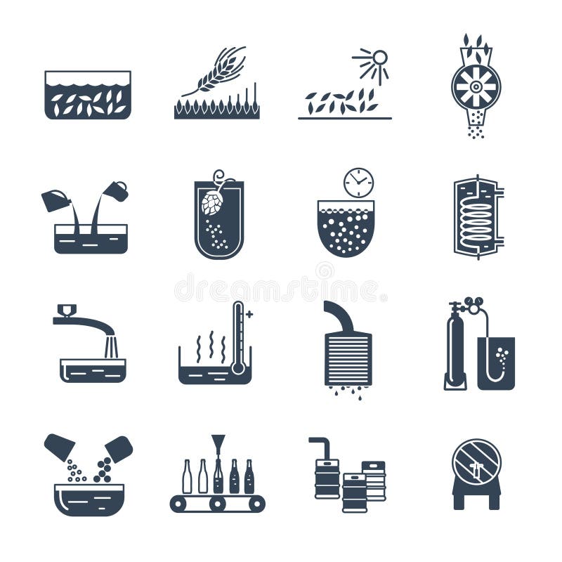 Set of Black Icons Manufacture of Beer Production Stock Vector ...
