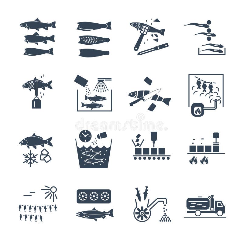 Set of Black Icons Processing of Fish Stock Vector - Illustration of ...