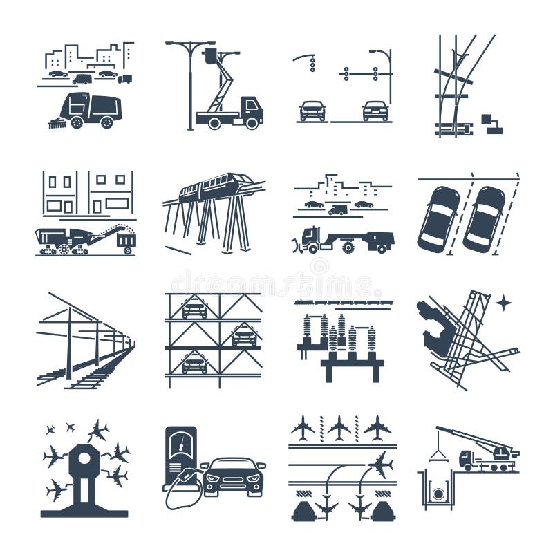 Set of Black Icons Transport Infrastructure, Road, Air Stock Vector ...