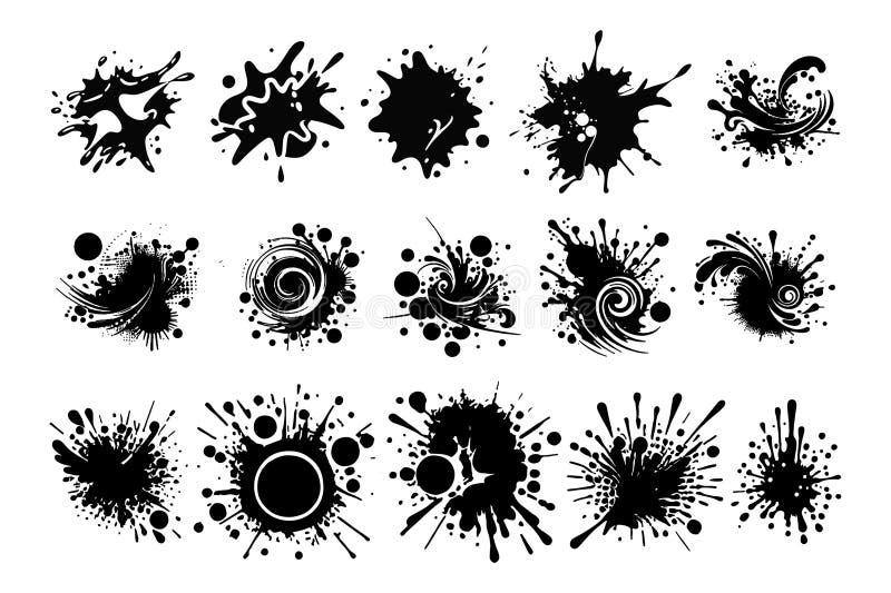 Set of 16 Black Ink Splatter Designs Stock Vector - Illustration of ...