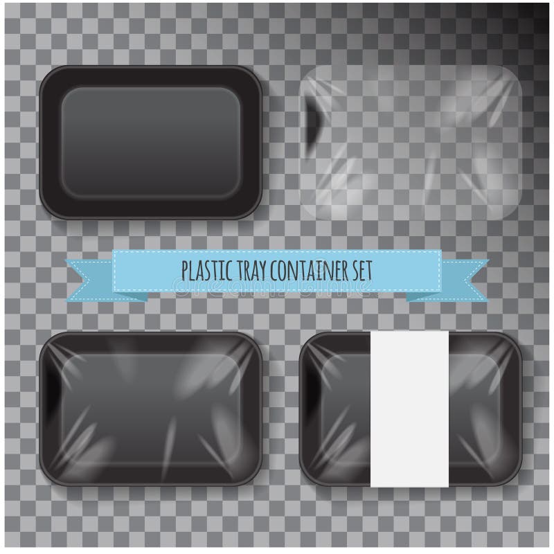 Set of Black Rectangle Styrofoam Plastic Food Tray Container. Vector ...