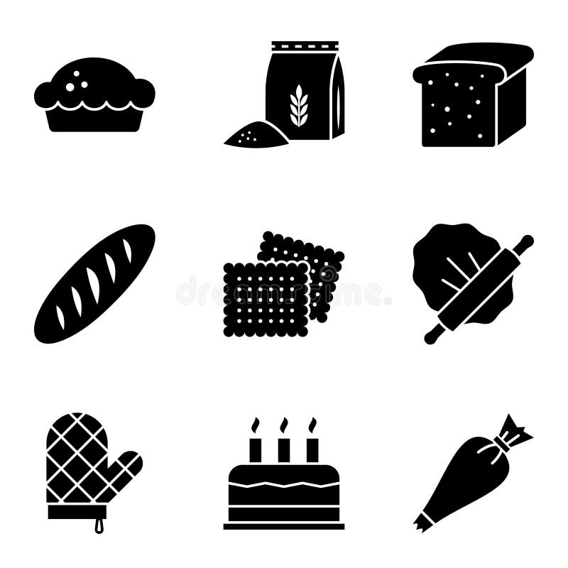 Set of Black Silhouette Bakery Icons Representing Various Baked Goods ...