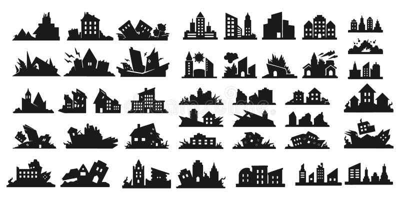 Silhouettes Destroyed Cities Stock Illustration - Illustration of ...