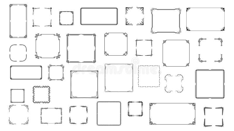 Set Black Simple Line Frame Collection Doodle Square Floral Frame ...