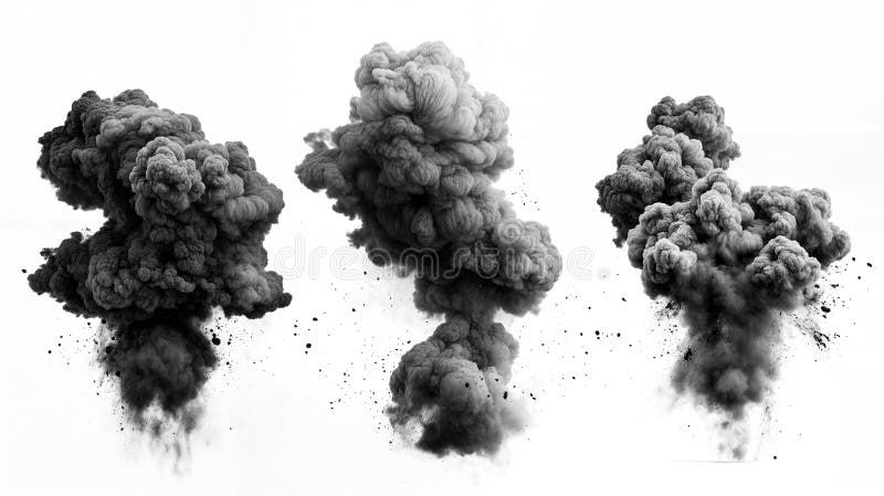 Set of Black Smoke Clouds from Explosions Isolated on White Background ...