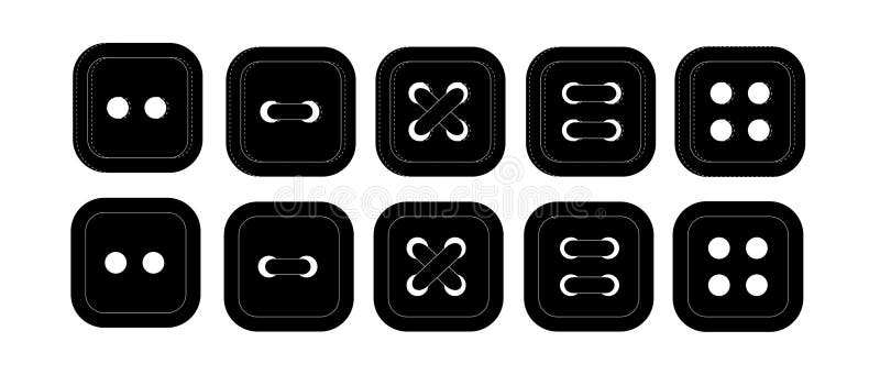 Set of Black Square Buttons. Button with Two and Four Holes. Sewn ...
