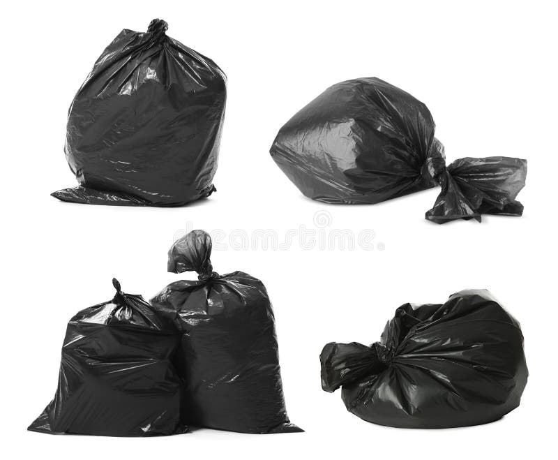 Set with Black Trash Bags Full of Garbage on White Background Stock ...