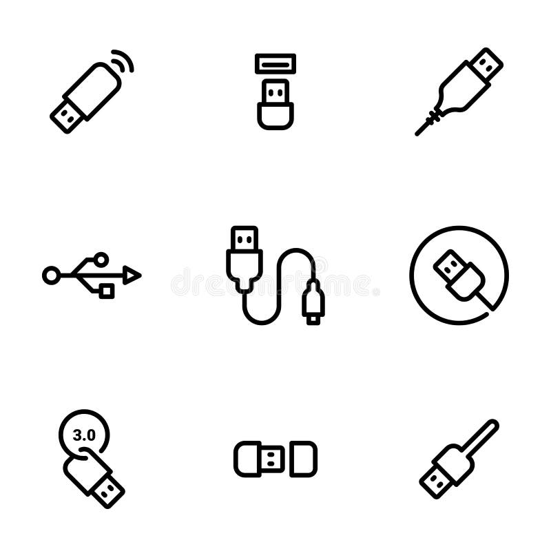 Set of Black Vector Icon, Isolated on White Background, on Theme Usb ...