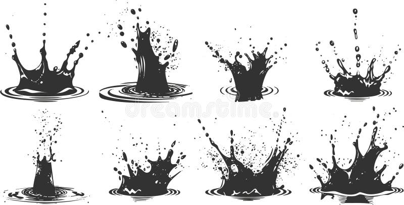Set of Black Water Splash Illustrations with Ripples and Droplets ...