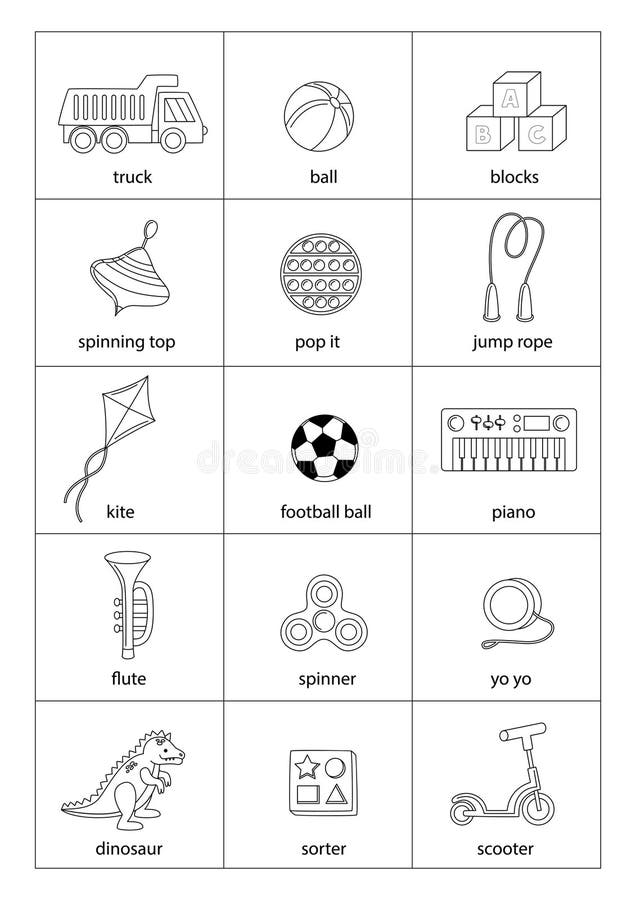 Set of Cartoon Black and White Toys with Names. Stock Illustration ...
