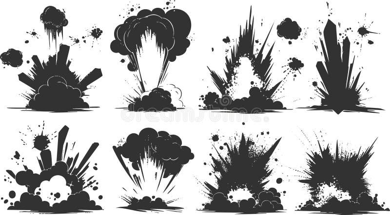 Set of Black and White Comic Explosion Vector Illustrations. Stock ...