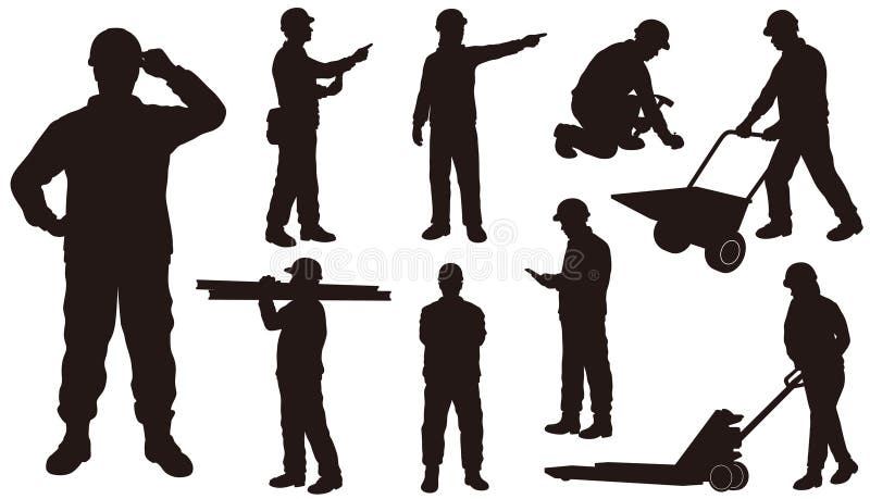 Set of Black and White Construction Workers Silhouette Illustrations Isolated on a White ...