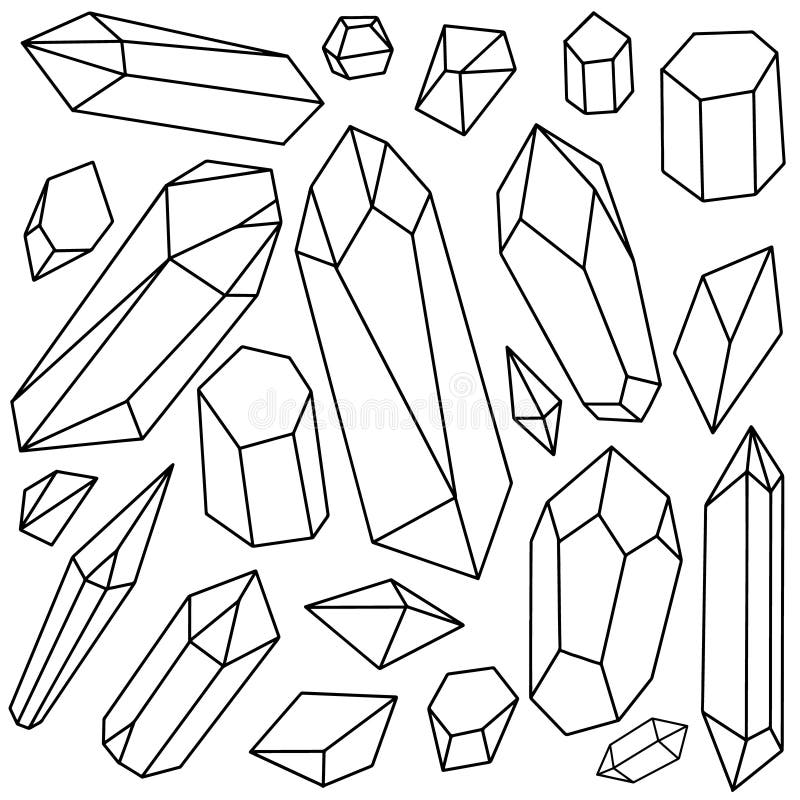 Set of Black and White Crystals, Black Outline Hand Drawing of Stones ...