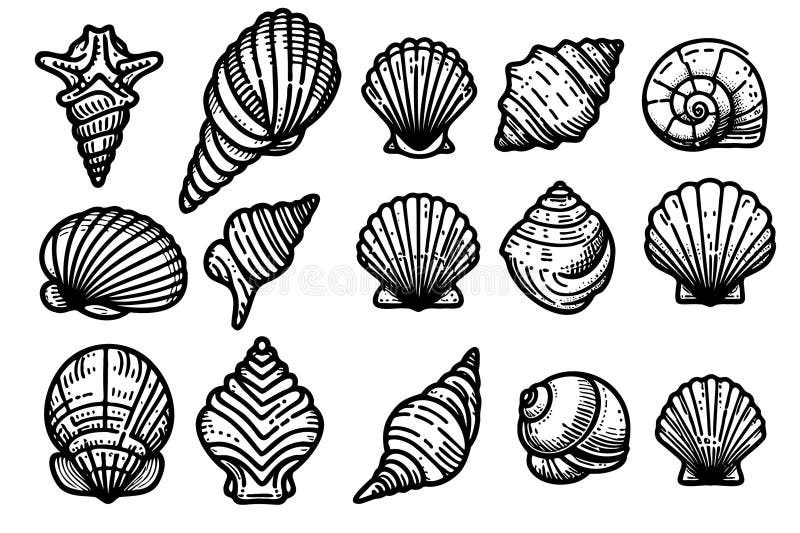 A Set Black and White Drawings of Various Shells Stock Vector ...