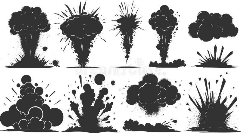 Set of Black and White Explosion Illustrations with Smoke and Blasts ...