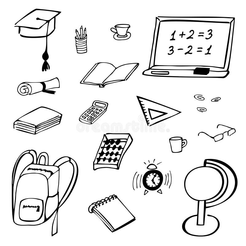 School and Education Supplies Black and White Stock Vector ...