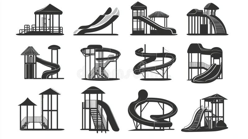 Set of Black and White Icons of Playground Slides and Structures Stock ...
