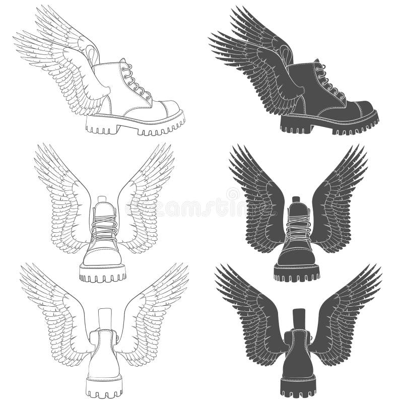 Set of Black and White Illustrations of Boots with Wings. Isolated ...