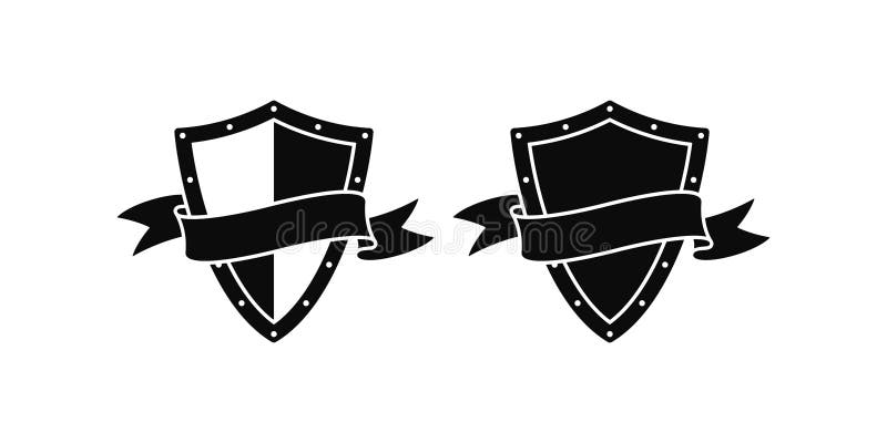 Set of Black and White Illustrations of Shield, Ribbon on a White ...