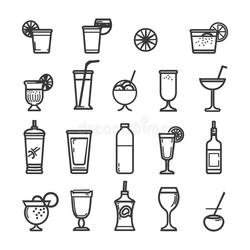 Collection of Line Art Cocktail Icons Set of Different Glasses and ...