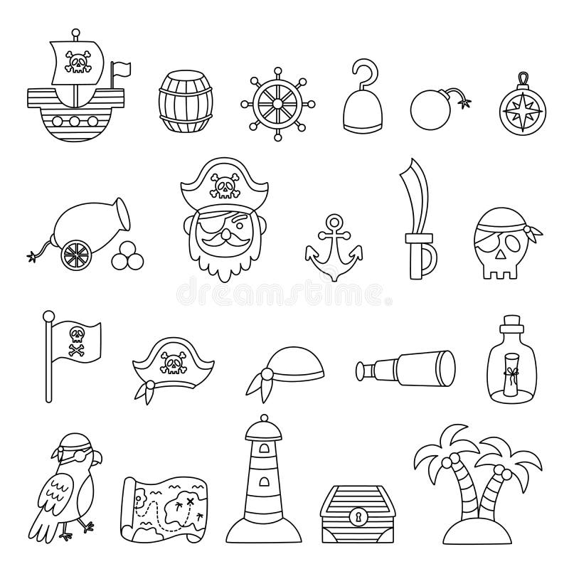 Set of Black and White Pirate Elements. Coloring Page. Stock Vector ...